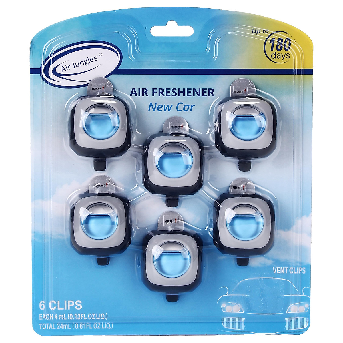Air Jungles New Car Scent Car Air Freshener Clip, 6 Car Freshener Vent Clips, 4ml Each, Long Lasting Air Freshener for Car, Up to 180 Days Car Refresher Odor Eliminator