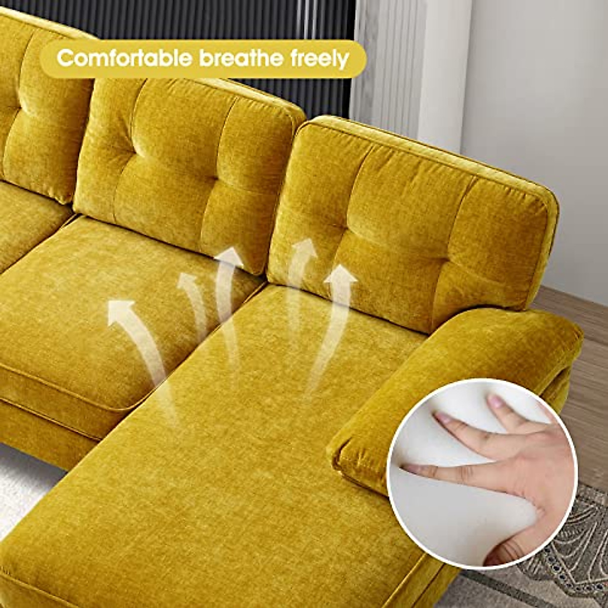 ASHOMELI Sectional Sofa Couch with Chaise，Modern Linen Fabric L-Shaped Couch 3-Seat Sofa Sectional，Suitable for Living Room, Apartment, Small Space