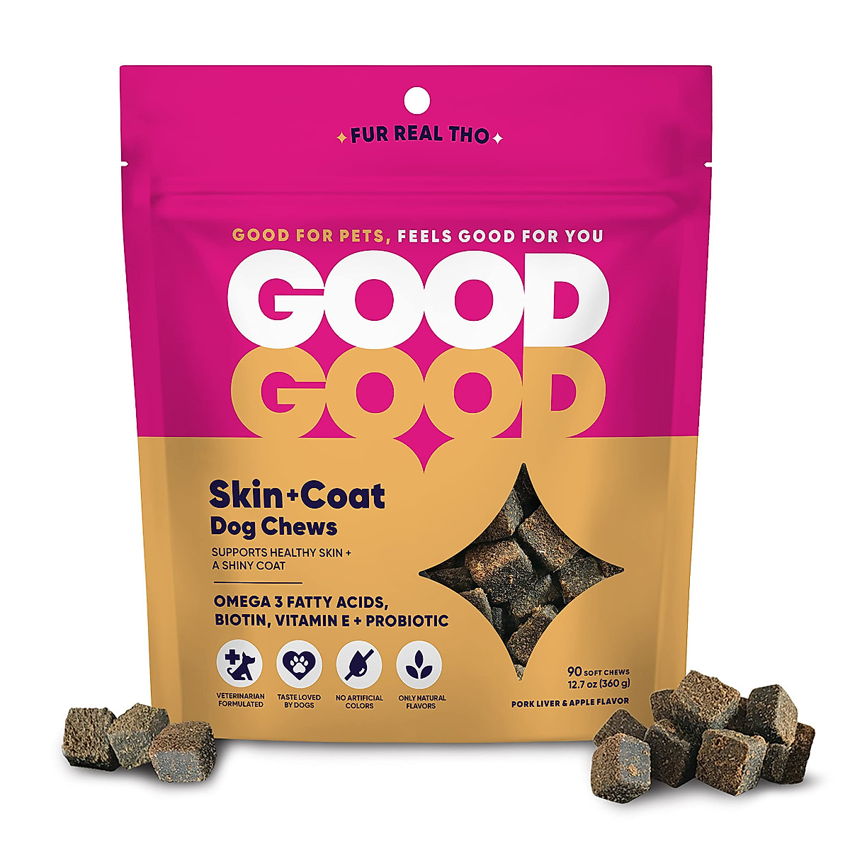 GoodGood Skin + Coat Dog Supplements; Supports Healthy Skin and a Shiny Coat; Chewable Soft Treats with Omega-3 Fatty Acids, and Vitamin E; Probiotics; 90 Natural Flavor Chews
