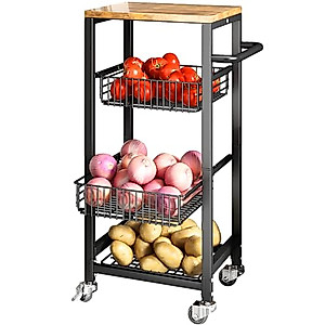 Fruit Basket Bowl - with Wood Top and Drawer, Kitchen Fruit Bowls Island on Wheels for Storage Fruit Vegetabe Onions and Potatoes, Black