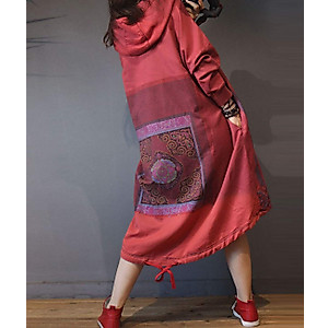 YESNO Women Casual Loose Ethnic Floral Hoodies Sweatshirts Jackets Curved Hemline with Drawstring Long Sleeve/Pockets JCJ (One Size YK9 Red)