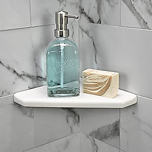 Questech Décor 8 Inch Corner Shower Shelf and 5 Inch Shower Caddy Foot Rest, Geo Lugged Back for New Construction, Wall Mounted Bathroom Shower Organizer, White Polished