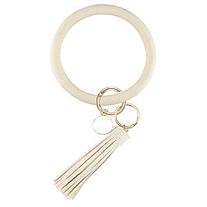 Weixiltc Large Circle Key Ring Leather Tassel Bracelet Holder Keychain Keyring For Women Girl (Beige)