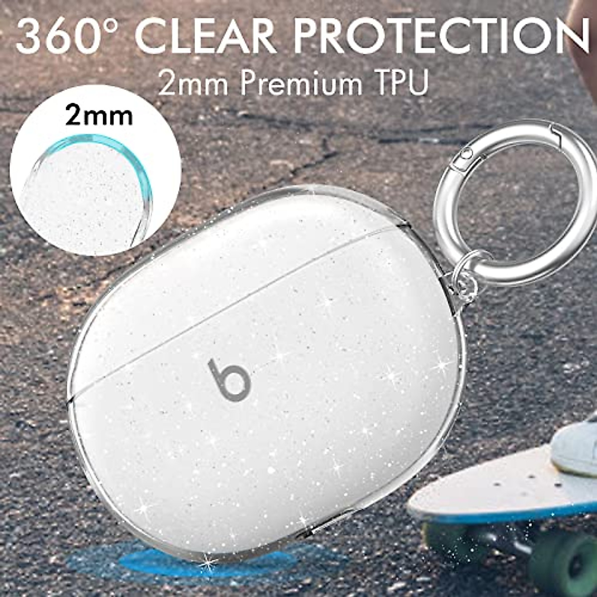 NIUTRENDZ Clear Case for Beats Studio Buds Case Soft TPU Protective Cover with Carabiner Compatible with Beats Studio Buds (Glitter Clear)