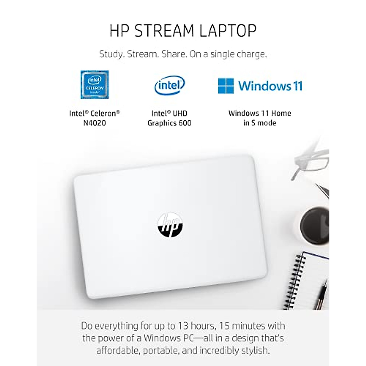 HP Stream 11 Laptop, Intel Celeron N4020, 4 GB RAM, 64 GB Storage, 11.6” HD Anti-Glare Display, Windows 11, Long Battery Life, Thin & Portable, Includes Microsoft 365 (11-ak0040nr, 2021 Diamond White)