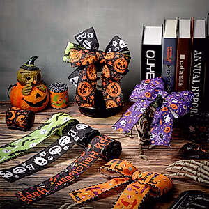 Yuxung 6 Rolls 30 Yards Halloween Wired Edge Ribbon for Wreaths Bat Spider Web Pumpkin Print Grosgrain Ribbon Ghost Witch Hat and Leg Ribbon Halloween Party Decorative Ribbon Supplies