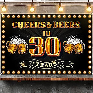 Cheers and Beers to 30 years Banner Backdrop Happy 30th Birthday Background for Men Women Photography Bday Anniversary Party Sign Decorations Supplies Black and Gold