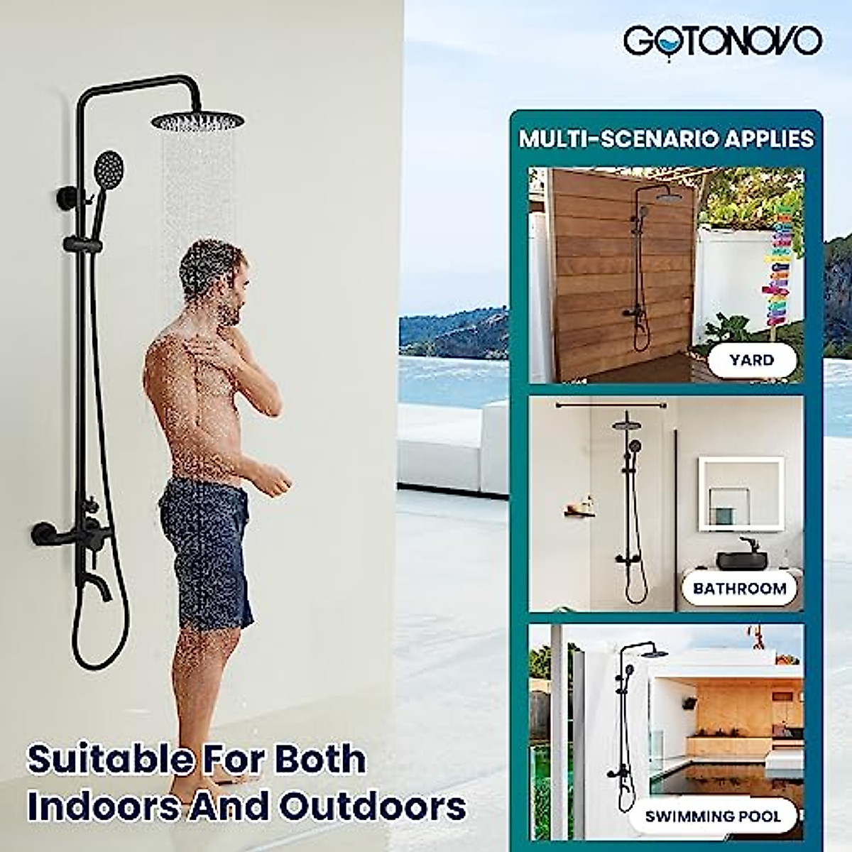 gotonovo Shower faucet Set Matte Black Triple Function with Adjustable Hand Sprayer and Tub Spout SUS 304 Stainless Steel 8 Inch Rainfall Shower Head Bathroom Shower Fixture Wall Mount Complete Set