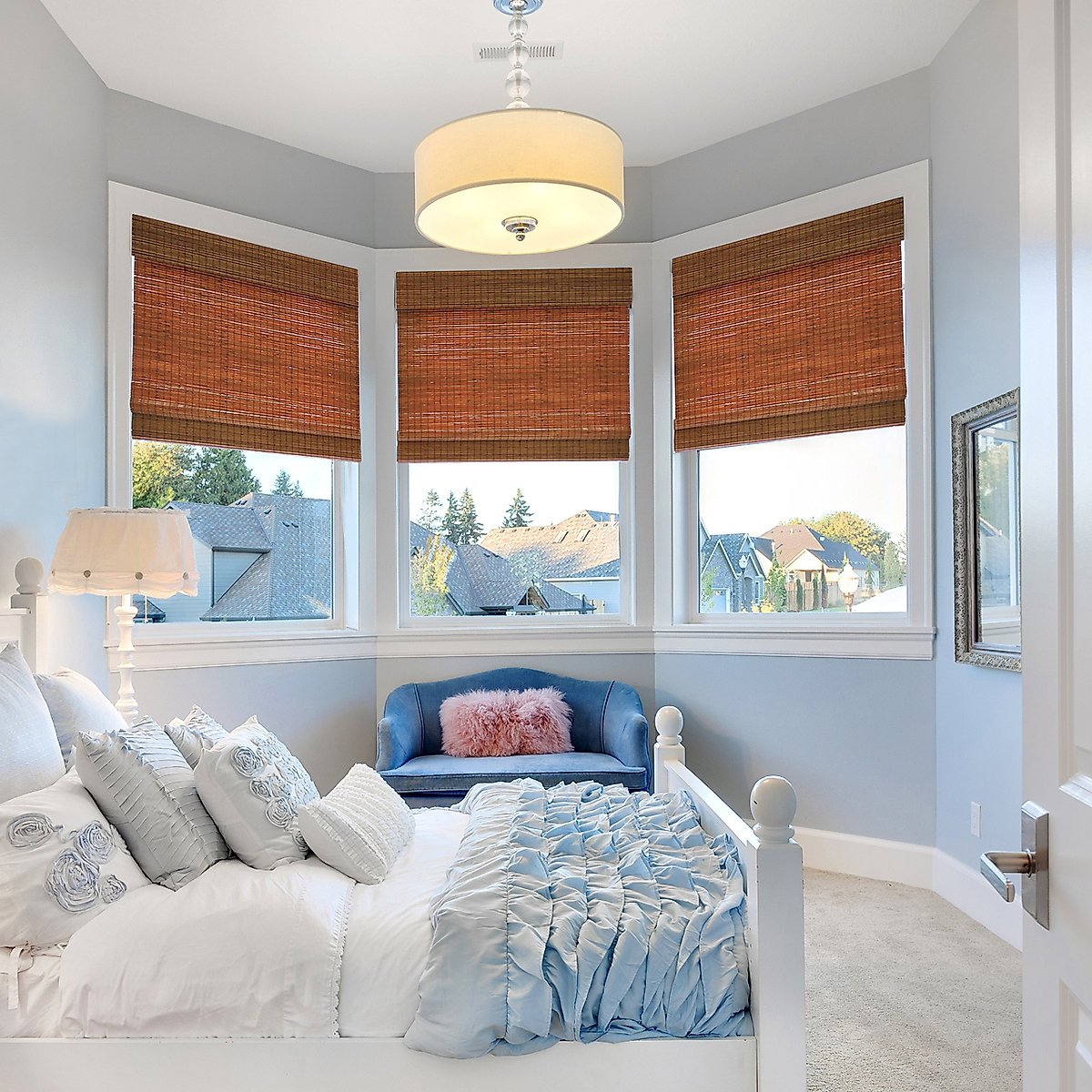 Radiance, Cordless Window Shades for a Standard Size Window Width, Maple, Cape Cod Flatweave Bamboo Roman Shade with Valance, 23 Inch Width x 64 Inch Length (2216200E)