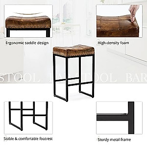 LUE BONA Counter Height Bar Stools 24" Square Saddle Barstools Set of 4, Modern Backless Faux Leather Counter Stool with Black Metal Legs for Kitchen Island Counter, Home Bar, Bistro, Yellowish Brown