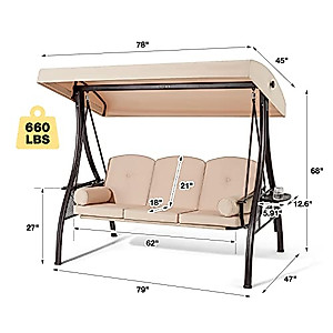HOMREST 3-Seat Outdoor Porch Swing with Adjustable Canopy and Backrest, Patio Swing Chair with Weather Resistant Steel Frame,Comfortable Cushions for Balcony,Garden,Deck and Poolside(Khaki)