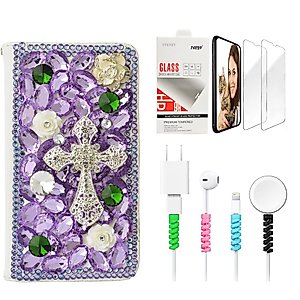 STENES Bling Wallet Luxury Phone Case Compatible with Samsung Galaxy S23 Ultra - Stylish - 3D Handmade Cross Flowers Design Leather Cover with Screen Protector & Cable Protector - Light Purple