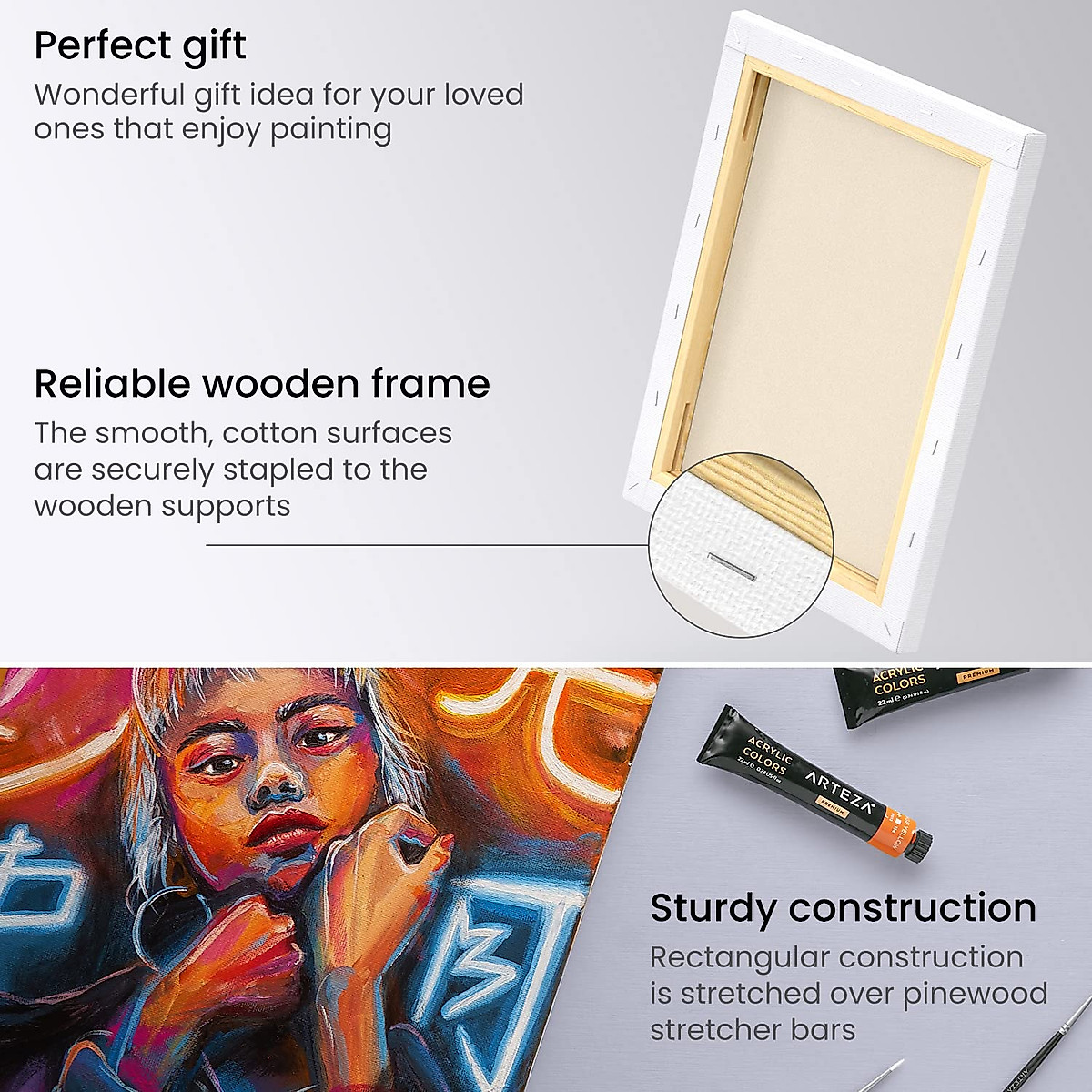 ARTEZA Stretched Canvas, 8 x 10 Inches, Pack of 12, Blank White Canvas for Painting for Acrylic, Oil and Gouache Paints