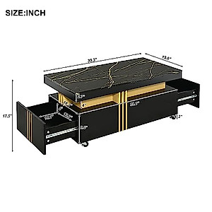 Merax Contemporary Coffee Table with Faux Marble Tabletop, Caster Wheels, and Gold Metal Bars for Living Room, 39.3 inch Length, Black