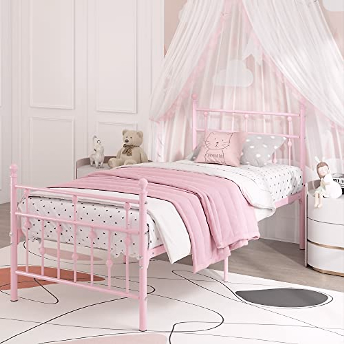 Weehom Pink Metal Bed Frame Twin Size with Headboard Mattress Foundation Support Heavy Duty Steel Slat No Box Spring Need for Girls