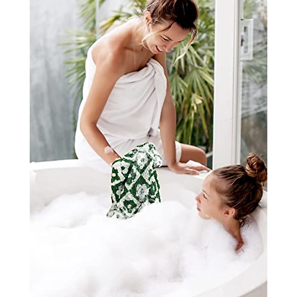 Hand Towels Checkered Floral - Set of 4 Soft Face Towels for Bathroom, Large Size 13” x 29”, Dark Olive Green