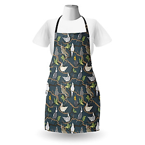 Lunarable Birds Apron, Cockatiels and Exotic Parrots on Branches in Jungles Tropical Leaves, Unisex Kitchen Bib with Adjustable Neck for Cooking Gardening, Adult Size, Blue Multicolor