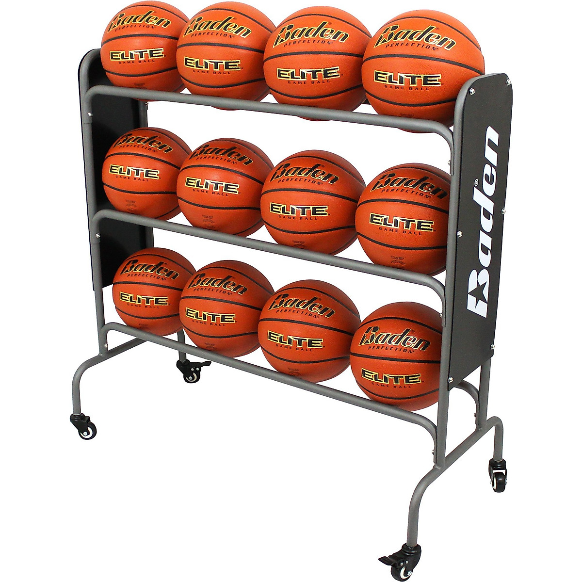 Baden Steel Basketball Rack with Wheels – 3-Tier Rolling Ball Racks for Garage with Wheel Locks, Sports Equipment Storage Basketball Holder for 12 Balls