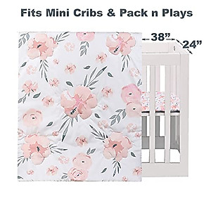 PINNKKU 3-Piece Mini Crib Bedding Set for Girls, Mini/Portable Crib Bedding Set for Girls, Blush Pink Flower Crib Skirt, Blanket, Crib Sheet, Fits Mini Crib Only