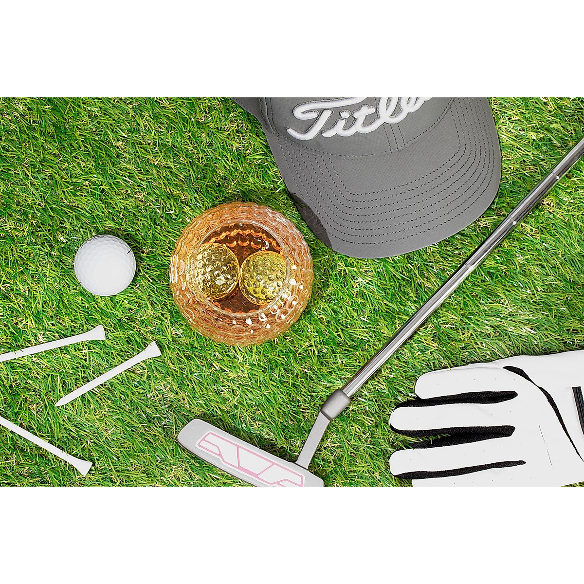 Golf Ball Shaped Whiskey Chillers, Single Whiskey Glass & Storage Bag - Non Lead Crystal Whiskey Stones for Chilling Vodka, Whiskey & Scotch - Fun Cocktail Glasses - Golf Drinking Accessories