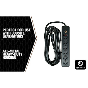Southwire 5120 20 Amp Rated, 6 Outlet all Metal Power Strip with NEMA 5-20 P&R, 6 Foot 12/3 Cord