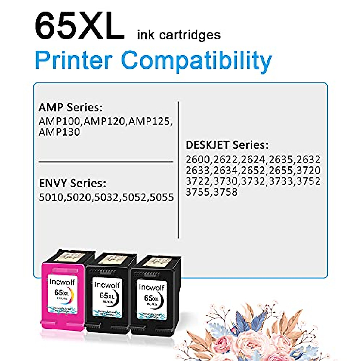 INCWOLF Remanufactured Ink Cartridge Replacement for hp 65XL Ink for Envy 5055 5052 5070 DeskJet 3755 2655 3720 3722 3723 3730 3732 3752 3758 2652 2624 Printer (2b1c)