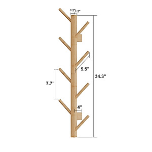 Furshus Coat Rack Wall Mount,Bamboo Vertical Hat Rack for Wall,Wall Coat Tree,Coat Hanger,Floating Coat Rack for Hats,Jackets,Bags,Entryway Bedroom (Natural)