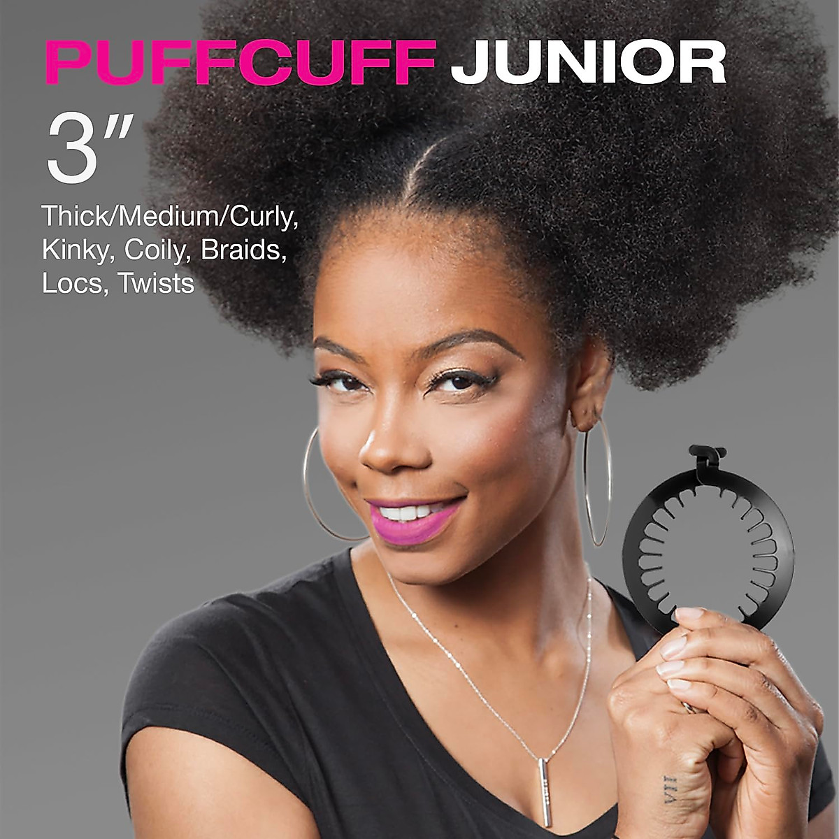 PuffCuff | Junior 3" Hair Clamp | For All Natural Thick, Curly, Kinky, Textured, Locs, or Braided Hair | Painless, Damage-Free Styling Tool | Black | 1 Piece