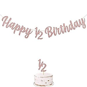 Happy 1/2 Birthday Banner Half Birthday Banner 6 Months Banner Pre-Strung 1/2 Half Year Cake Topper for Baby's 6 Months Half Year Birthday Party Decorations (Rose Gold)