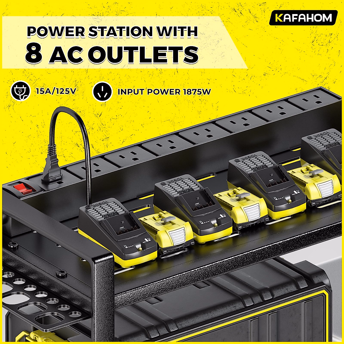 KAFAHOM Power Tool Organizer with Charging Station.Garage 8 Drill Holder Built in 8 Outlets Power Strip,Tool Storage Shelf Wall Mount,Tool Battery Organizer with Screwdriver/Hammer/Air Tool Rack
