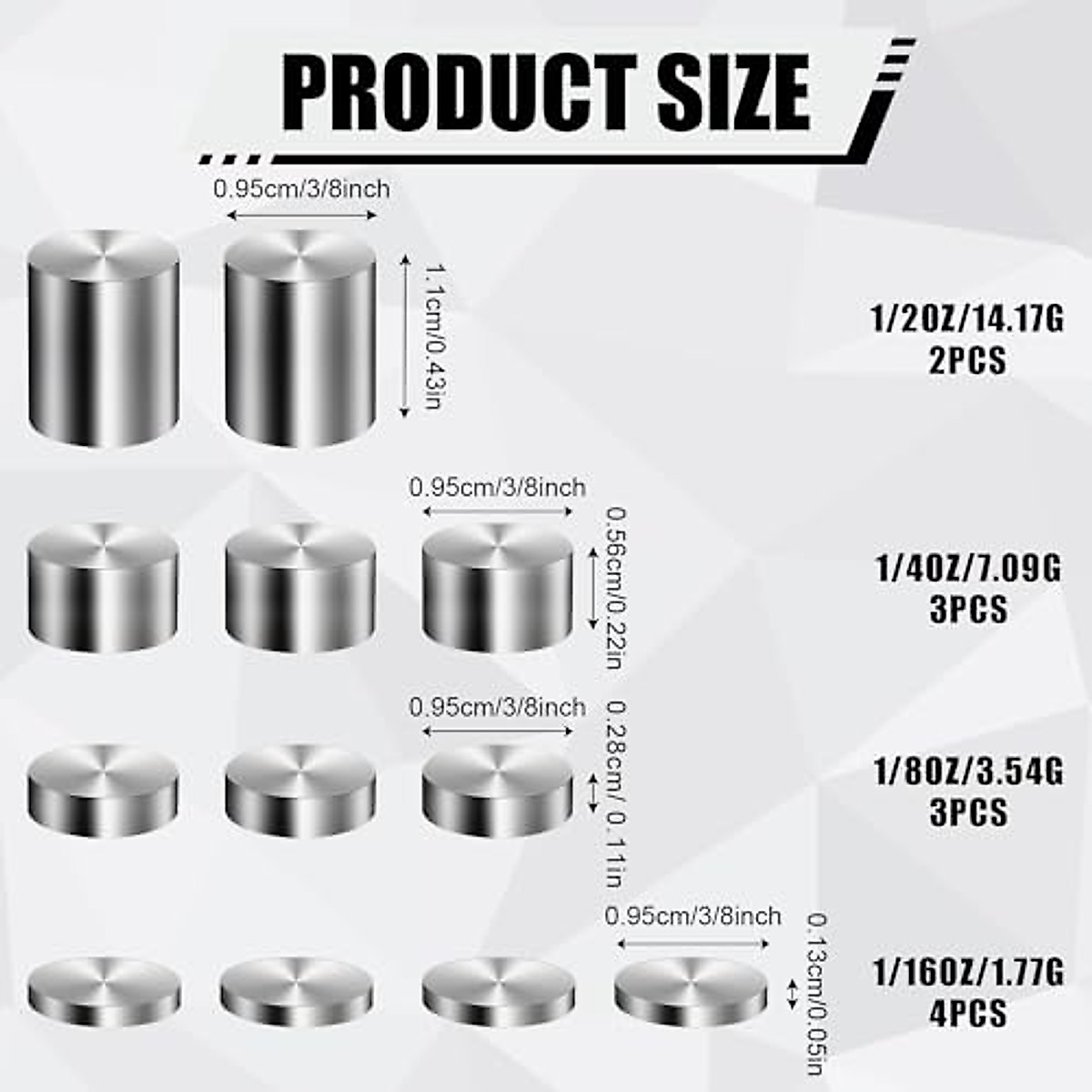 PEUTIER 12pcs Car Weights for Pinewood Derby, 2.375 Oz Tungsten Buffer Weight 4 Sizes Cylindrical Car Counterweight to Speed Up Your Car