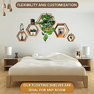 LIBAEL Hexagon Floating Shelves with Photo Frame Natural Premium Wood Set of 5 - Hexagon Shelves for wall, Farmhouse Honeycomb Shelves for Living Room Decor, Kitchen, Bathroom, Bedroom, Hexagon Shelf.