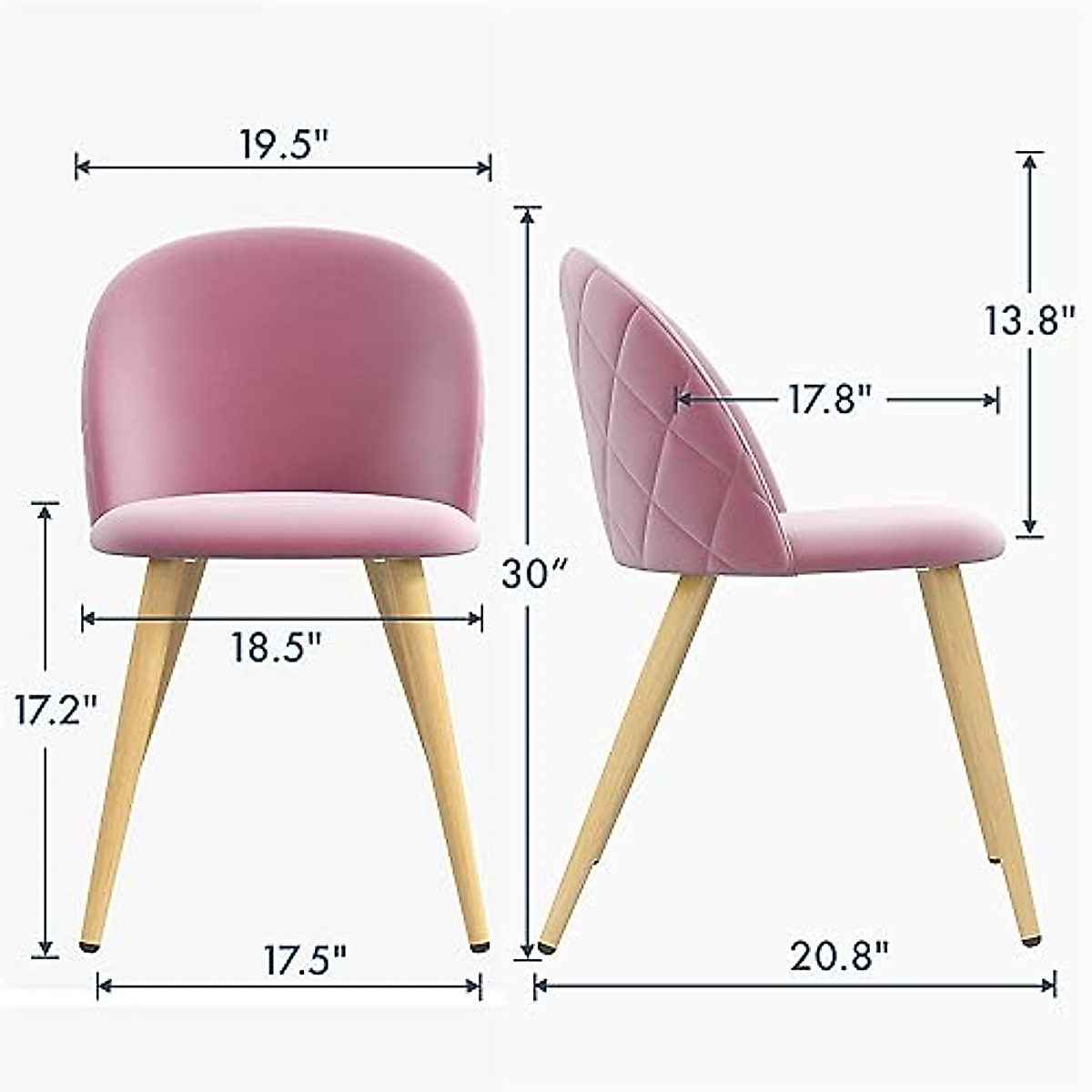 Fangflower Pink Velvet Dining Chairs Set of 2 with Wooden-Like Legs, Upholstered Side Vanity Armless Seat for Living, Makeup Room, Bedrooms, Kitchen, Standard