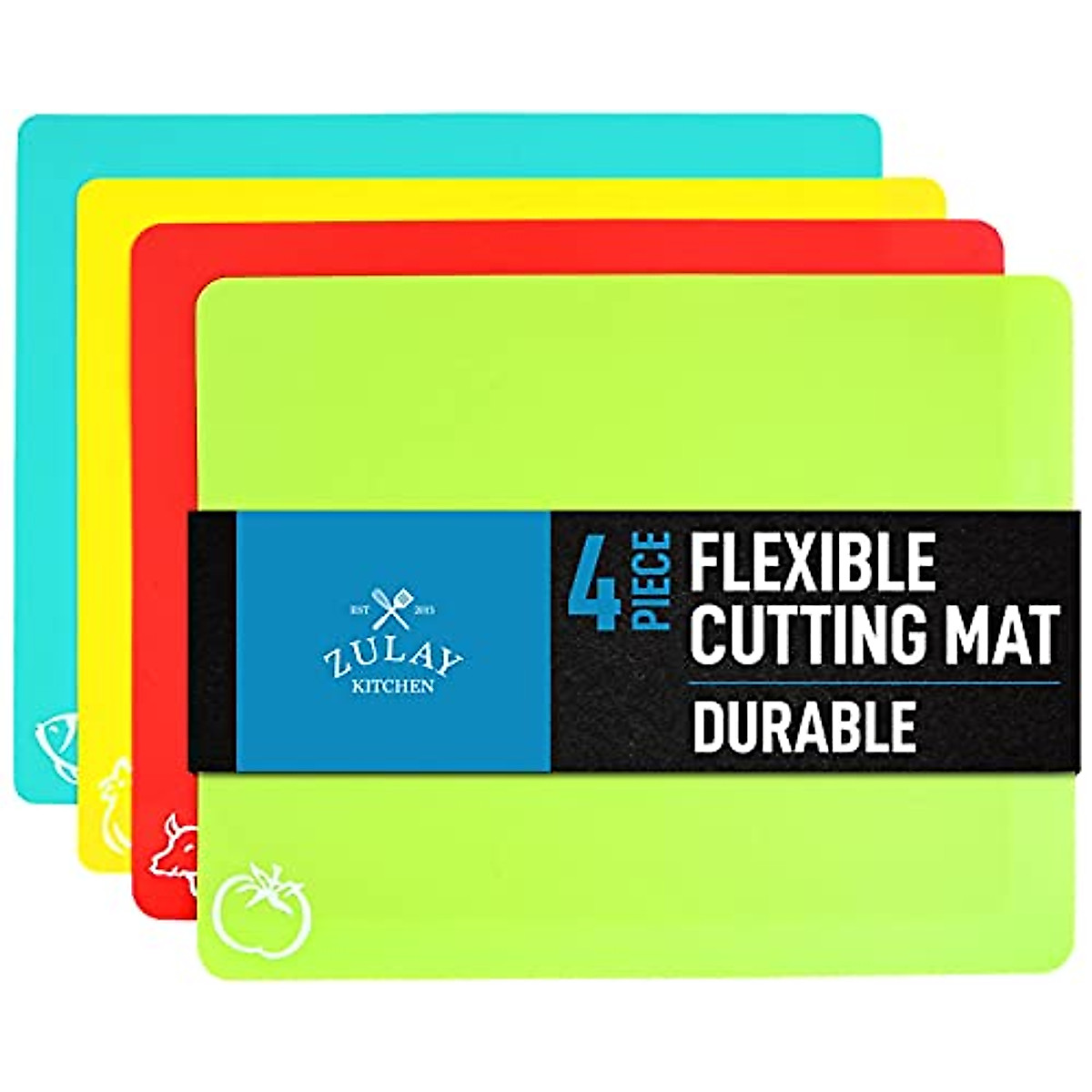 Zulay Kitchen Plastic Cutting Boards for Kitchen - Quality Thin Cutting Mat Set 4 Color - Flexible & Perfect for Chopping Meats, Vegetables, Beef, Fish, Chicken - Food Icons - Extra Large