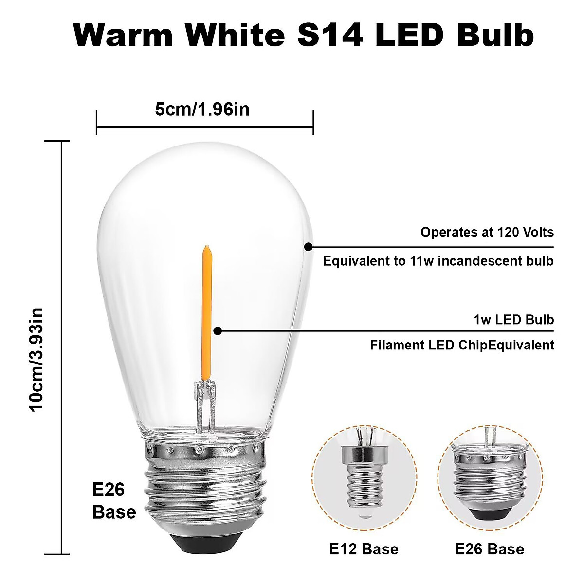 SUNTHIN 25 Pack Dimmable 1W S14 Replacement LED Bulbs, 2700K Warm White Waterproof Outdoor String Lights Vintage LED Filament Bulb, Shatterproof E26 Screw Base Edison LED Light Bulbs