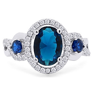 SAVEARTH DIAMONDS Three Stone, Oval Cut 8x6MM Center, Round Cut Simulated Blue Sapphire And White Cubic Zirconia Infinity Oval Halo Engagement Ring In 14k White Gold Over Sterling Silver Size-8