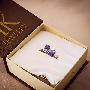 Takar 925 Sterling Silver Double Heart Amethyst And Diamond Infinity Ring, Birthstone Heart Ring, Amethyst Jewelry For Women Made In USA