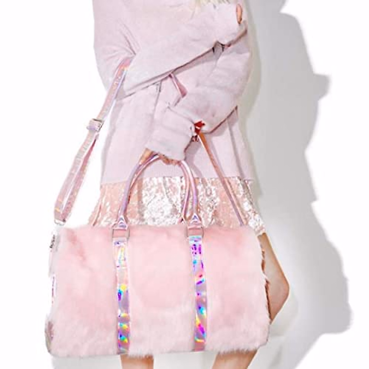 Risup Extra Large Laser Handbag Purse Fancy Duffel Bag 19in Faux Fur Bags for Travel and Overnight, Pink