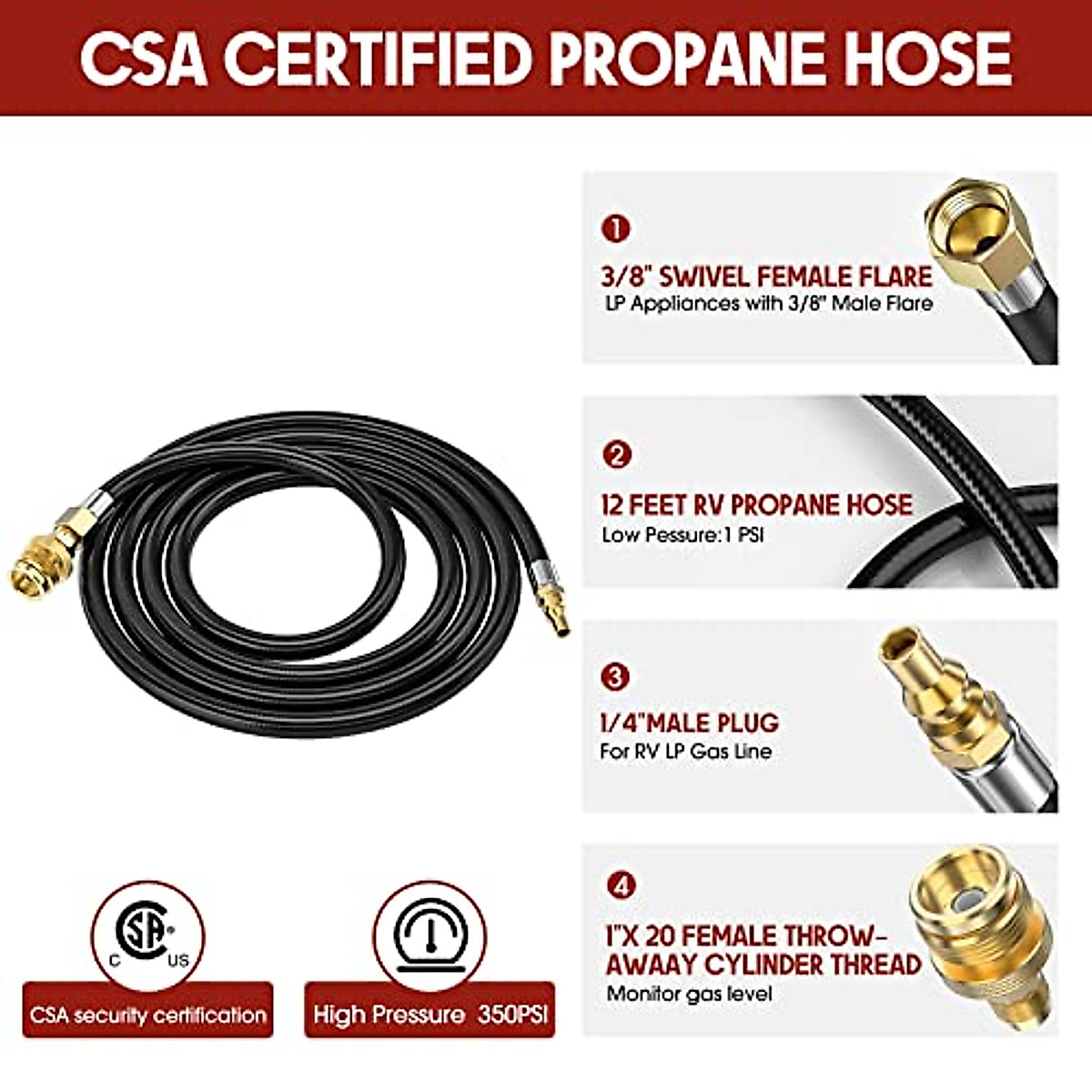 PatioGem 12 FT Propane Quick Connect Hose for RV to Gas Grill, Propane Quick Connect Fittings for 1 LB Throwaway Bottle Connects 1 LB Portable Appliance to RV 1/4" Female Quick Disconnect