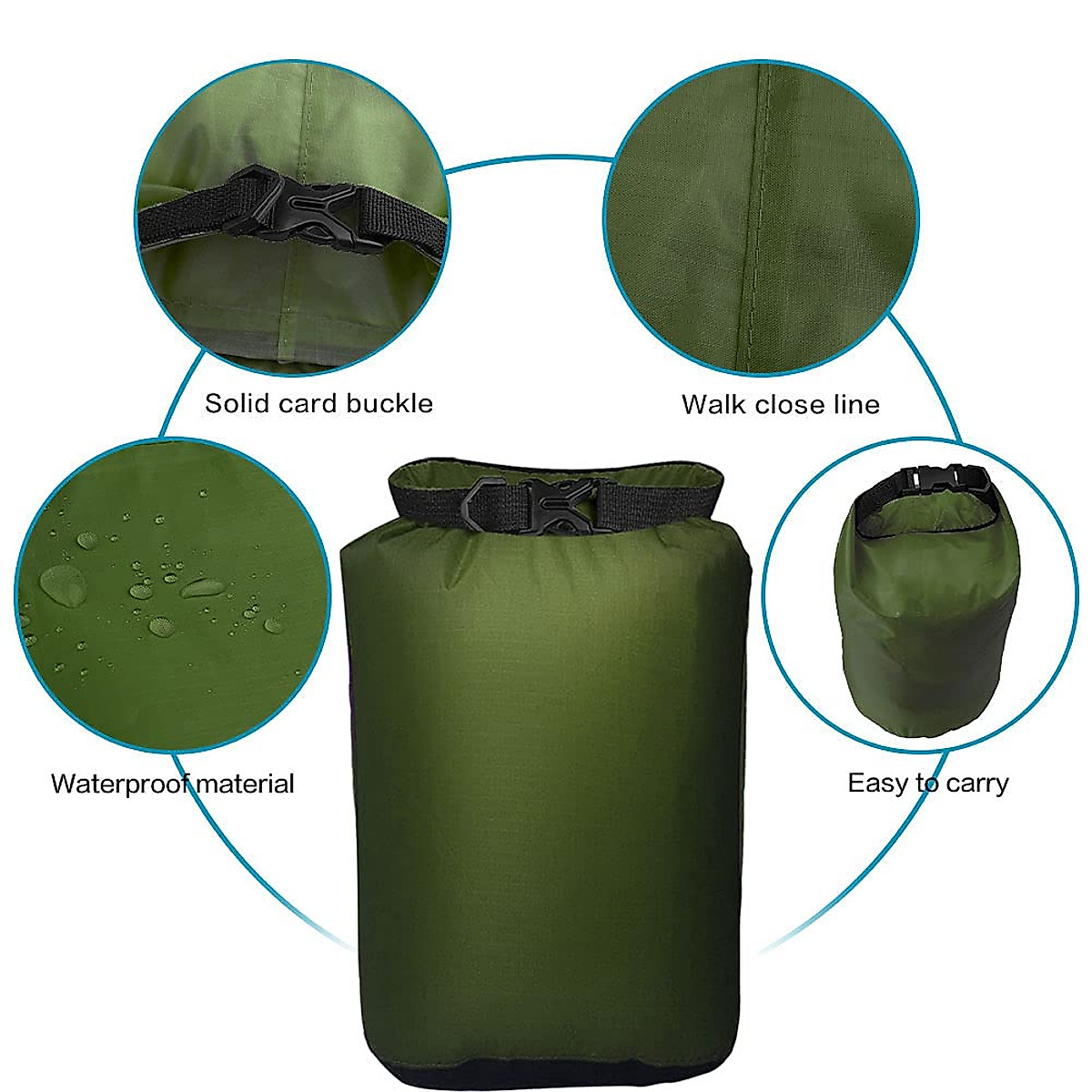 Pimoys 5 Pack Waterproof Dry Sacks, Lightweight Outdoor Dry Bags 20L /12L / 10L/ 6L/ 3.5L Ultimate Dry Bags for Kayaking Camping Rafting Boating (Army Green)