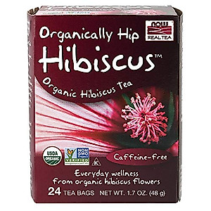 NOW Foods, Organically Hip Hibiscus™ Tea, Caffeine-Free, Non-GMO, No Added Colors, Preservatives or Sugars, Premium Unbleached Tea Bags with our No-Staples Design, 24-Count