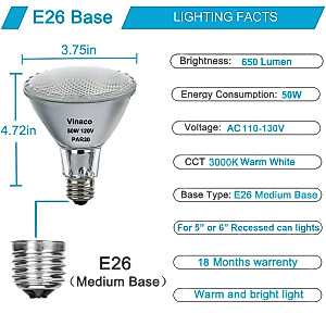 Vinaco PAR30 Flood Light 50W, 6 Pack High Brightness 650LM PAR30 Halogen Long Neck Dimmable,PAR30L Flood 50 Watt 3000K Warm White, Long Lasting PAR30 50W 120V Flood Long Neck with E26 Base