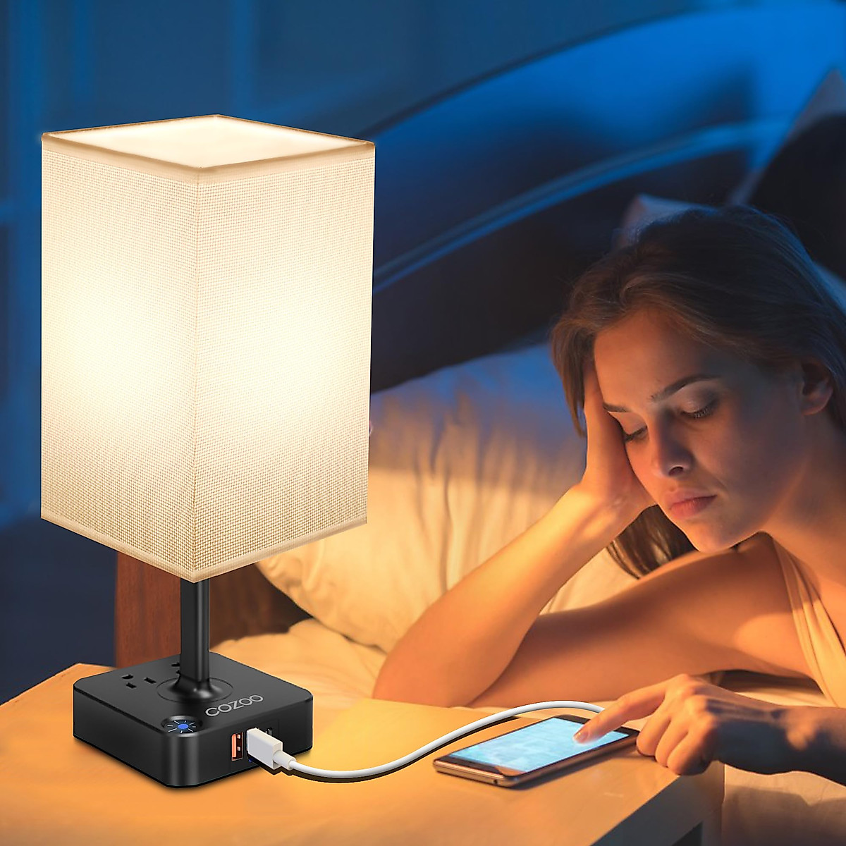 Table Lamp Dimmable cozoo USB Bedside Table Desk Lamp with 3 USB Charging Port(A+C) 2 Outlet,Nightstand Lamp with Charger Base White Fabric Shade,LED Touch Lamp for Bedroom/LivingRoom/Dorm/Home Office
