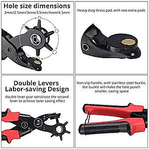 CAMWAY Leather Hole Punch,6Size Revolving Punch Plier Kit Leather Punches Belt Hole Puncher + 240 Set Leather Rivets Double Cap Rivet Hole Puncher for Crafting,Dog Collars,Shoes,Fabric,Paper DIY