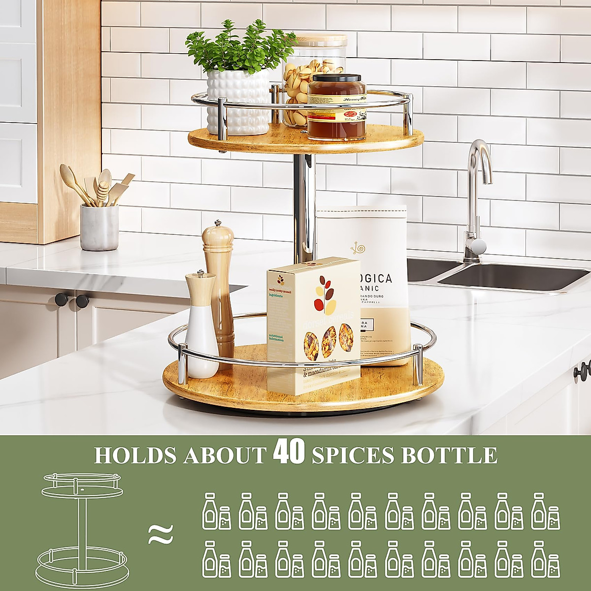 Lazy Susan Organizer - 2 Tier Rotating Spice Rack for Cabinet, Wood Lazy Susan Turntable for Pantry Kitchen Countertop, 12-inch Kitchen Spice Storage