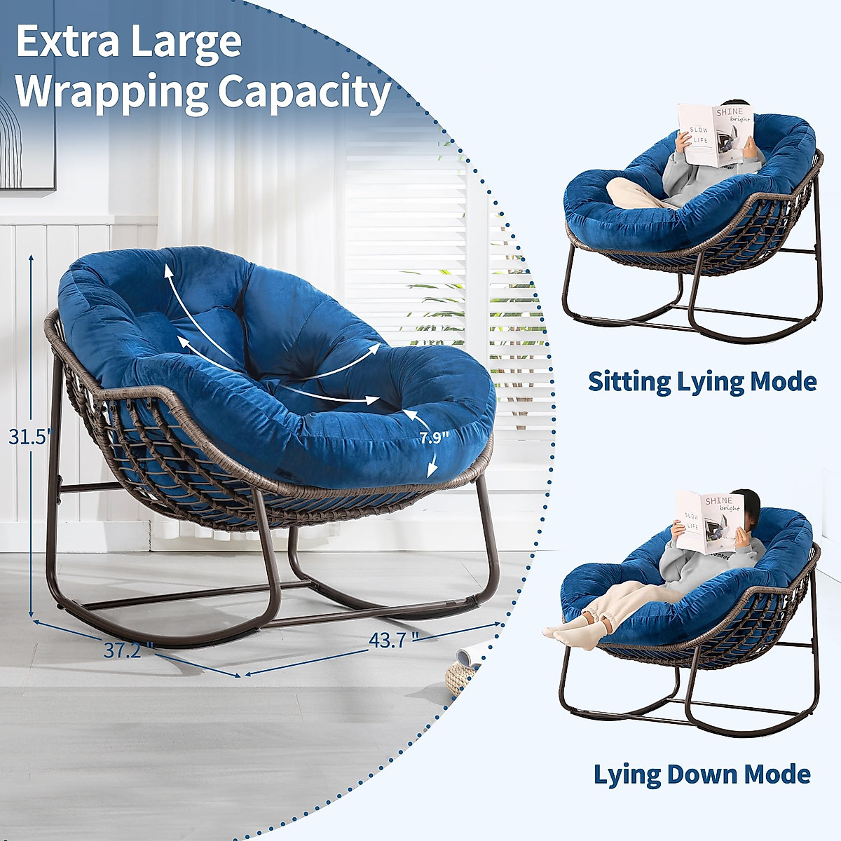 Villeston Outdoor Papasan Rocking Chair - Oversized Comfy Patio Chair Indoor Egg Royal Rattan Rocking Chair with Cushion for Front Porch Lounge Lawn Bedroom Living Room (Blue Velvet)