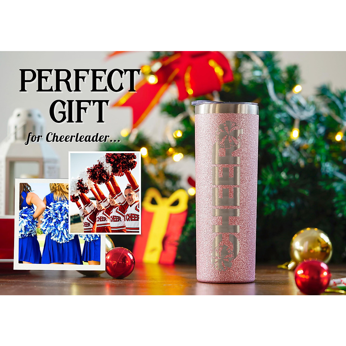 Onebttl Cheerleader Glitter Tumbler Gifts For Girls - Cheer - 20oz/590ml Stainless Steel Insulated Tumbler with Straw, Lid - Gift for Cheerleading, Coach or Cheer Squad - Glitter Pink