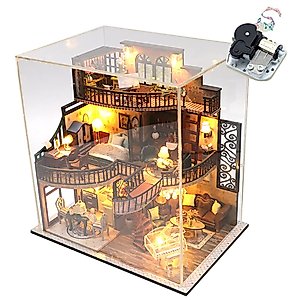 SYCW DIY Dollhouse Miniature Wooden Furniture Kit with Dust Cover and Music Box, Doll House Kit with LED Light, Mini Handmade Wooden Dollhouse Toys, Multicolored