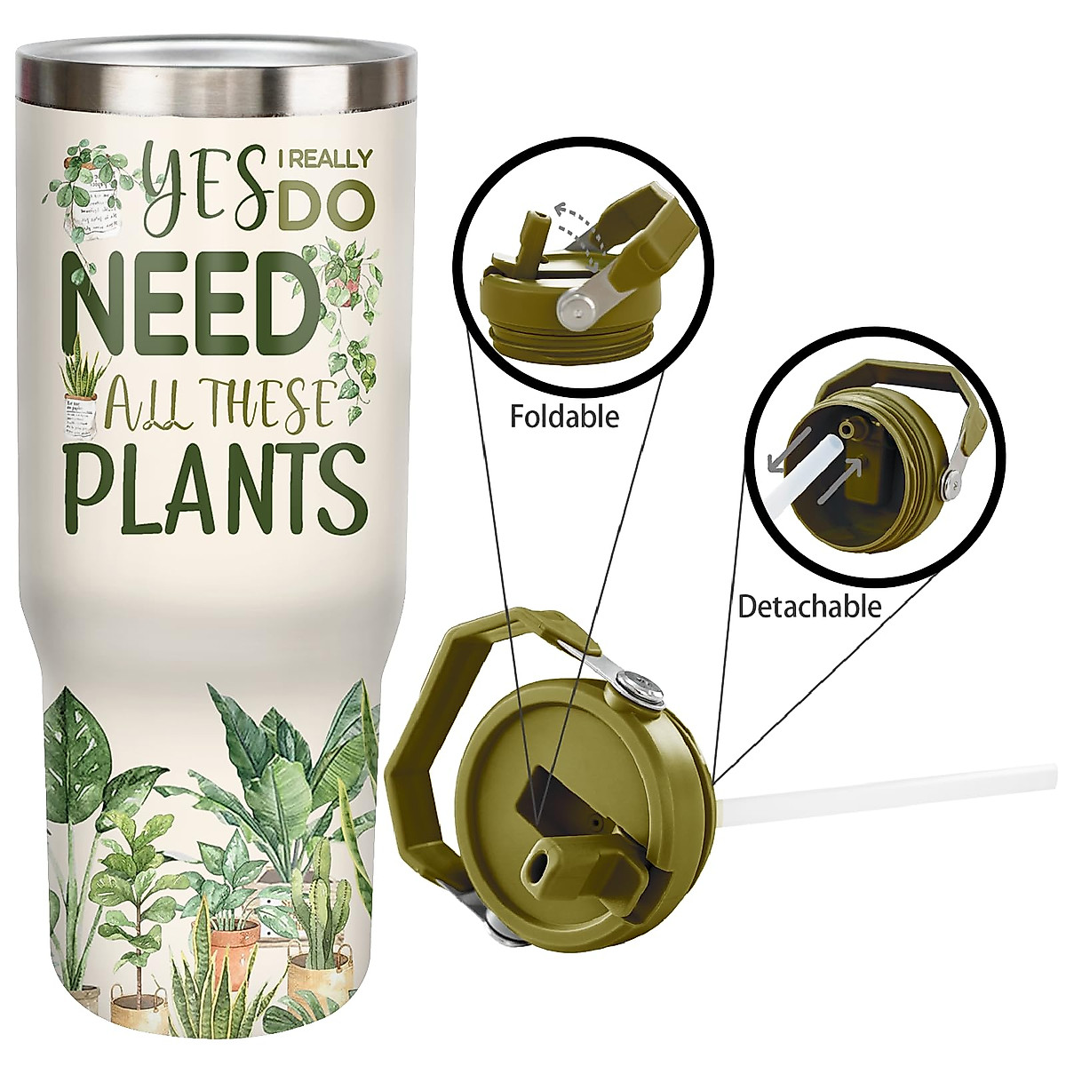 30oz Plant Tumbler with Handle and Straw, Green Plant Stainless Steel Vacuum Insulated Flip Straw Coffee Cups Spill Proof Travel Mug, Plant Gifts for Plant Lovers Gardeners, Gardening Gifts for Women