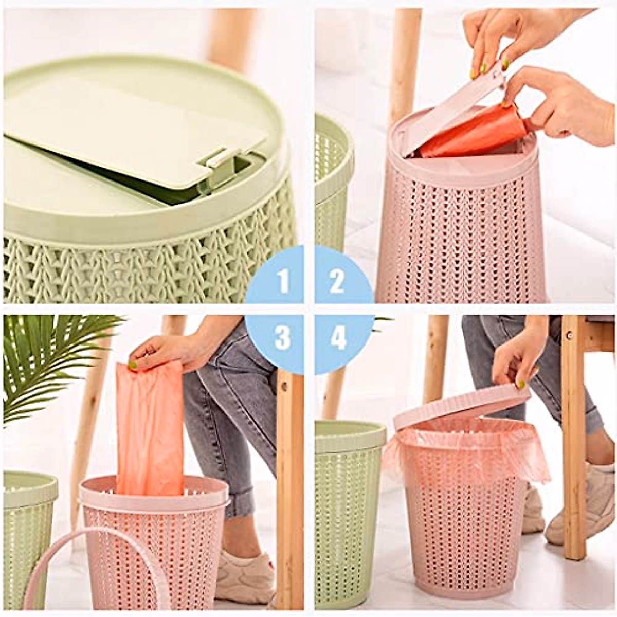 UWEL Hollow Garbage Bin with Built-in Garbage Bag Storage, PP Garbage Bin Storage Basket, Durable Home Trash Can Wastebasket Garbage Bin Basket for Living Room Bedroom Office (Blue)